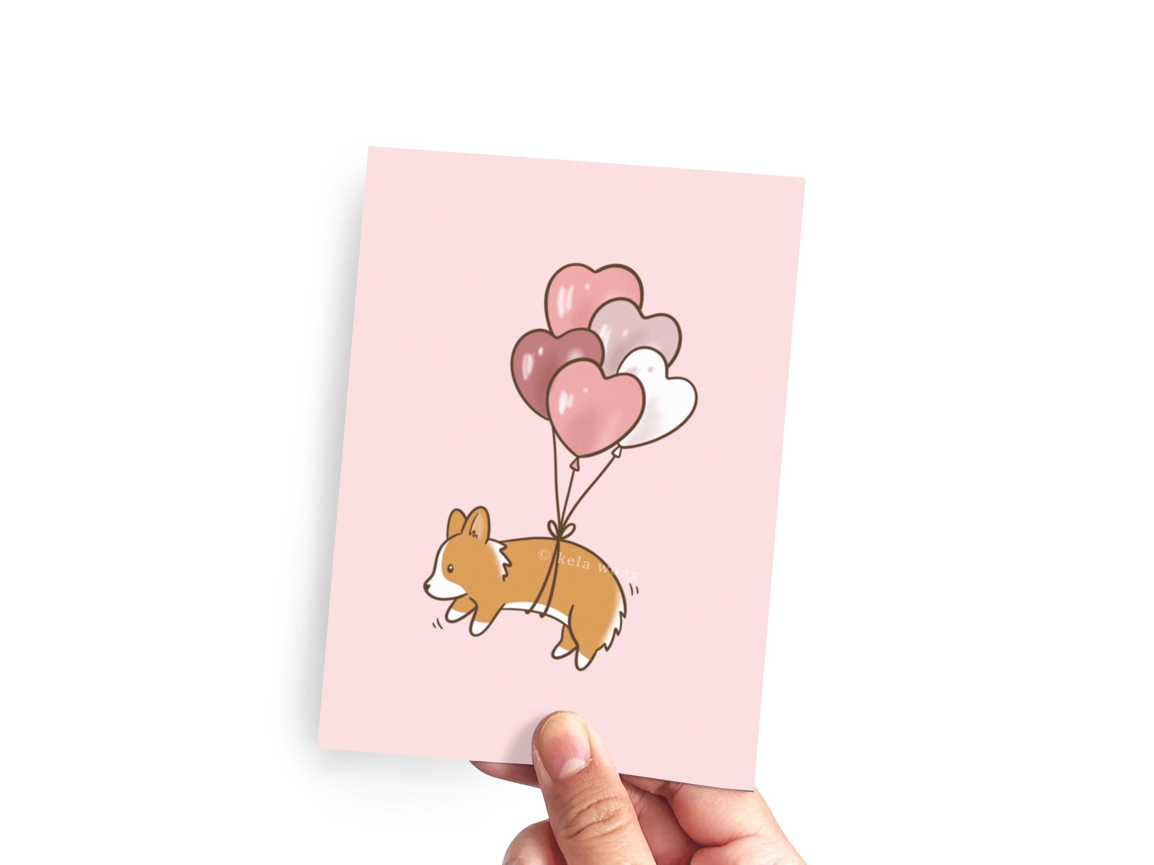 Flying Heart Balloons Corgi Greeting Card – kela designs