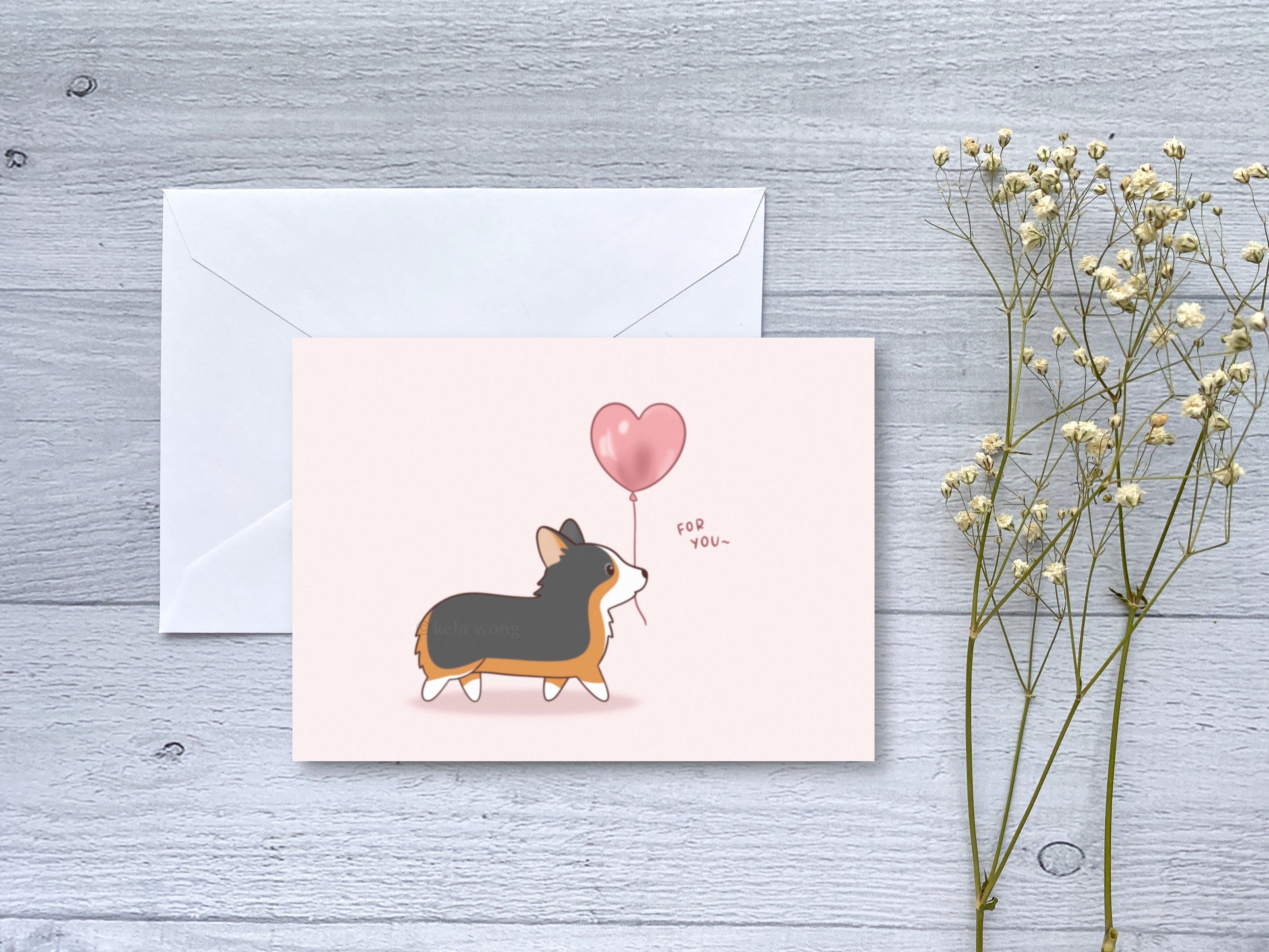 Balloon Heart Tricolor Corgi Greeting Card – kela designs